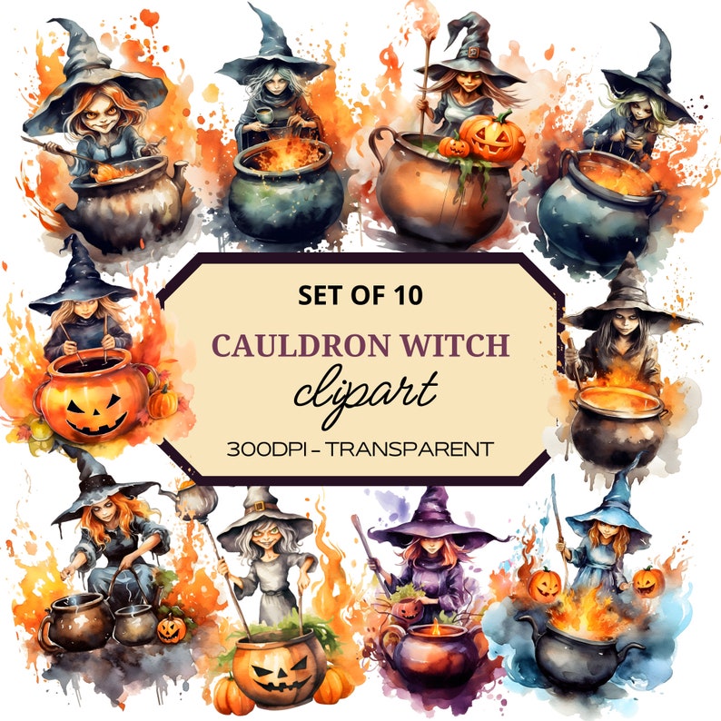 Halloween Witch Clipart⎥watercolor Clip Art Bundle⎥magic Cauldron Png ...