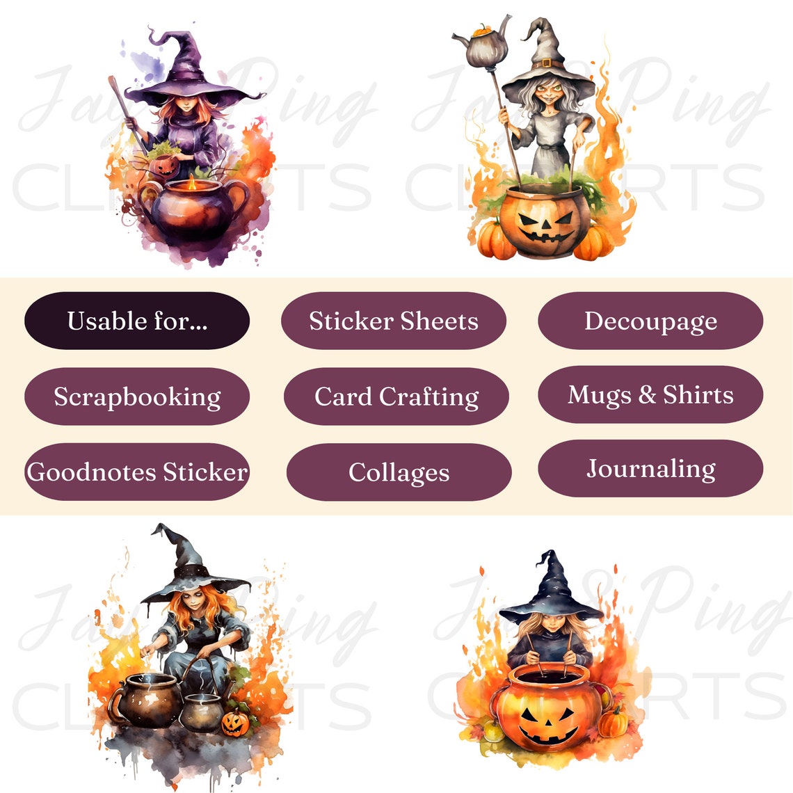 Halloween Witch Clipart⎥watercolor Clip Art Bundle⎥magic Cauldron Png ...