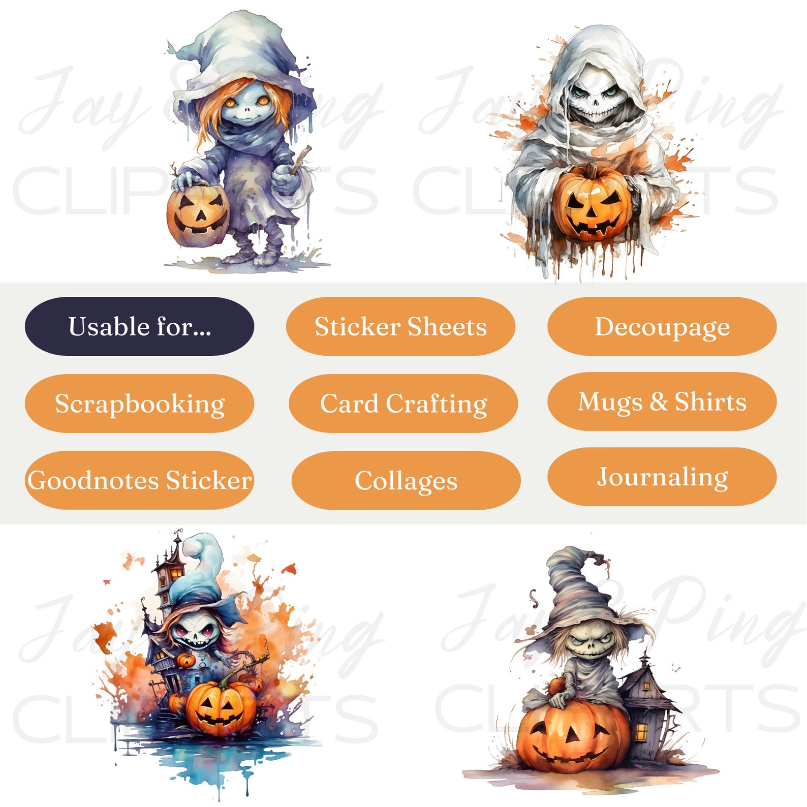 Zombie With Pumpkin Clipart⎥cute Witches Png⎥watercolor Bundle Clip Art ...