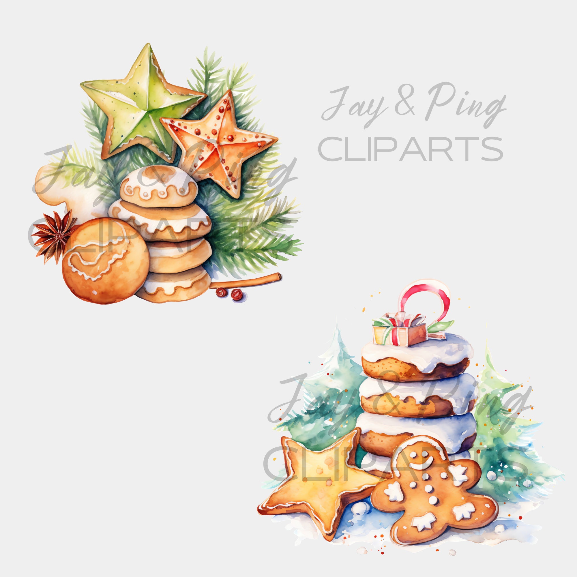 Watercolor Christmas Cookies Clipart Pnggoodnotes Stickerdigital ...
