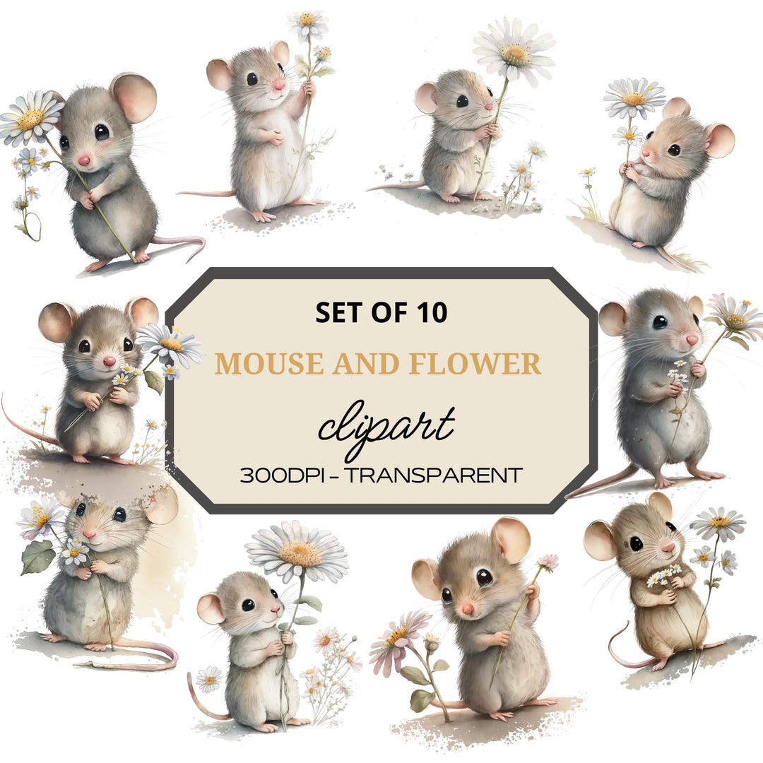 Mouse and Flower Clipart⎥watercolor Clip Art Bundle⎥digital Stickers ...
