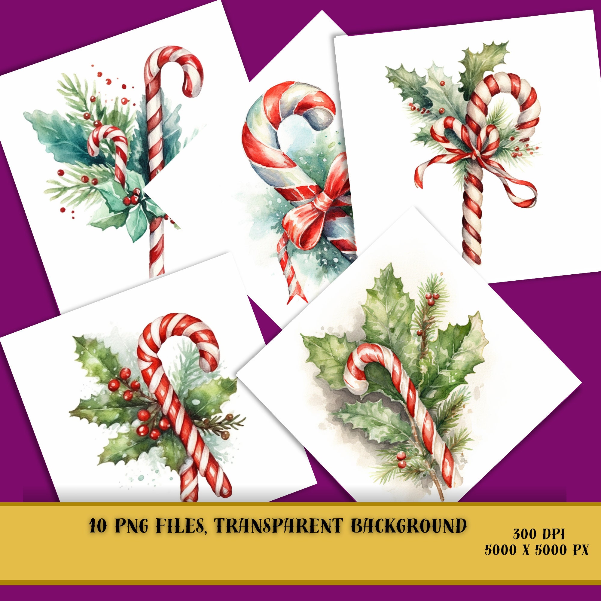 Watercolor Christmas Clipart Pngclipart Candy Cane - Etsy