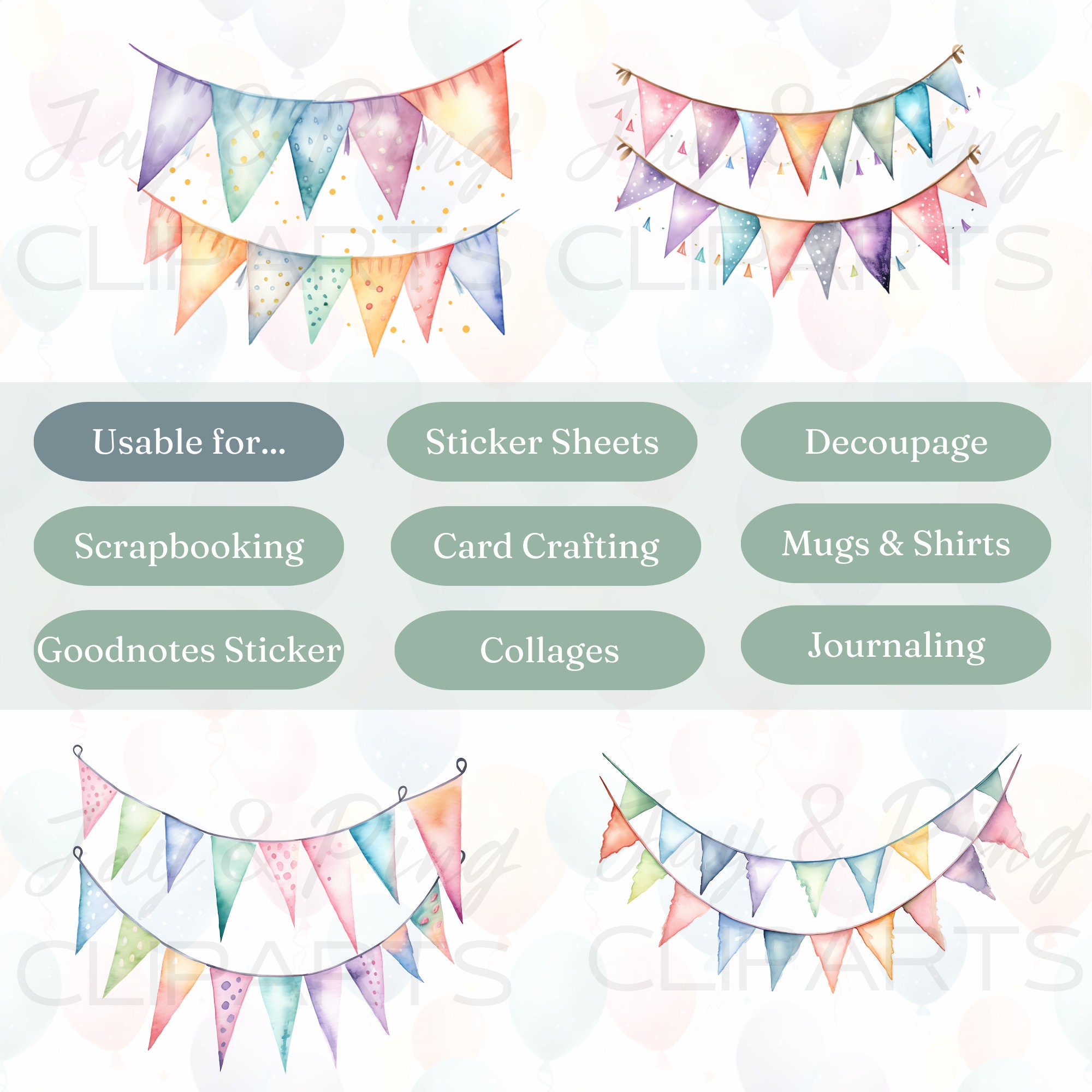 Watercolor Bunting Flags⎥watercolor Birthday Clipart⎥digital Stickers ...