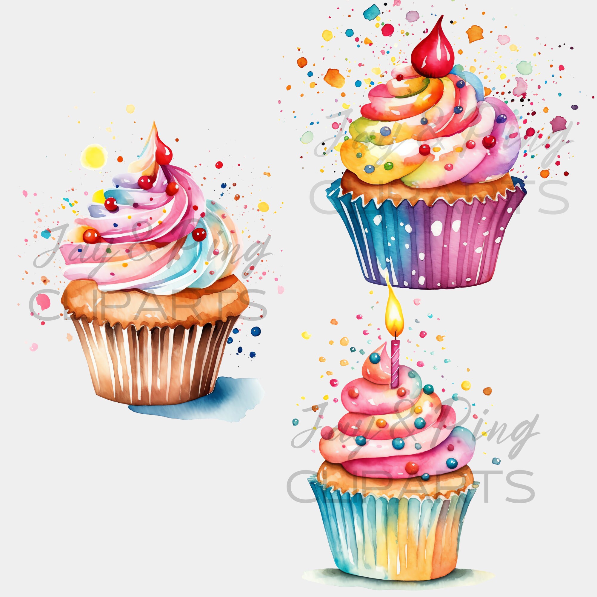 Watercolor Cupcake Clipartwatercolor Birthday Clipartwatercolor Food ...