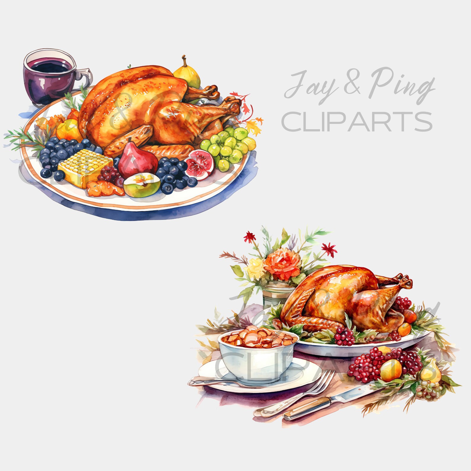 Watercolor Turkey Dinner Clipart⎥thanksgiving Clipart⎥food Clipart ...