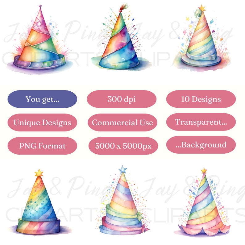 Watercolor Party Hat PNG - Digital Birthday Hat Art in Pastel Tones ...