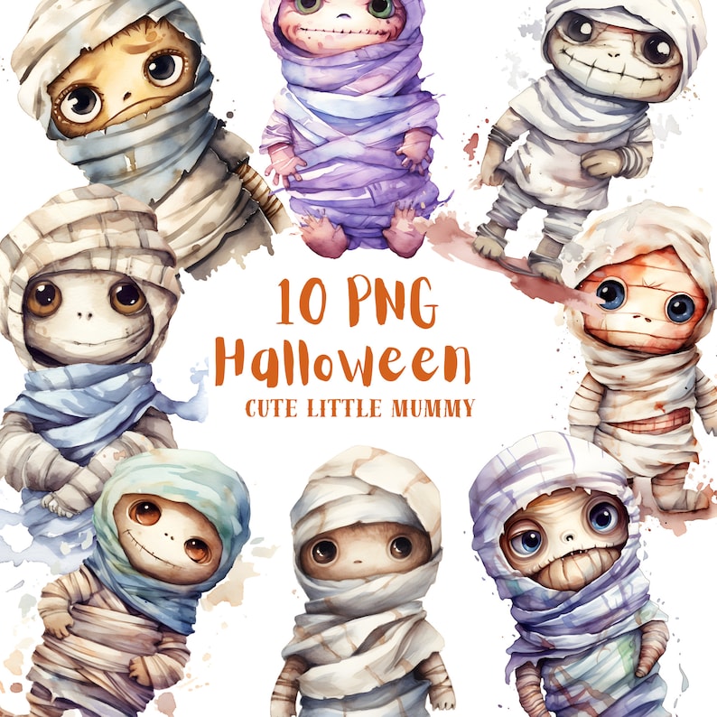 Watercolor Cute Little Mummy PNG, Halloween Clipart, Digital Stickers ...