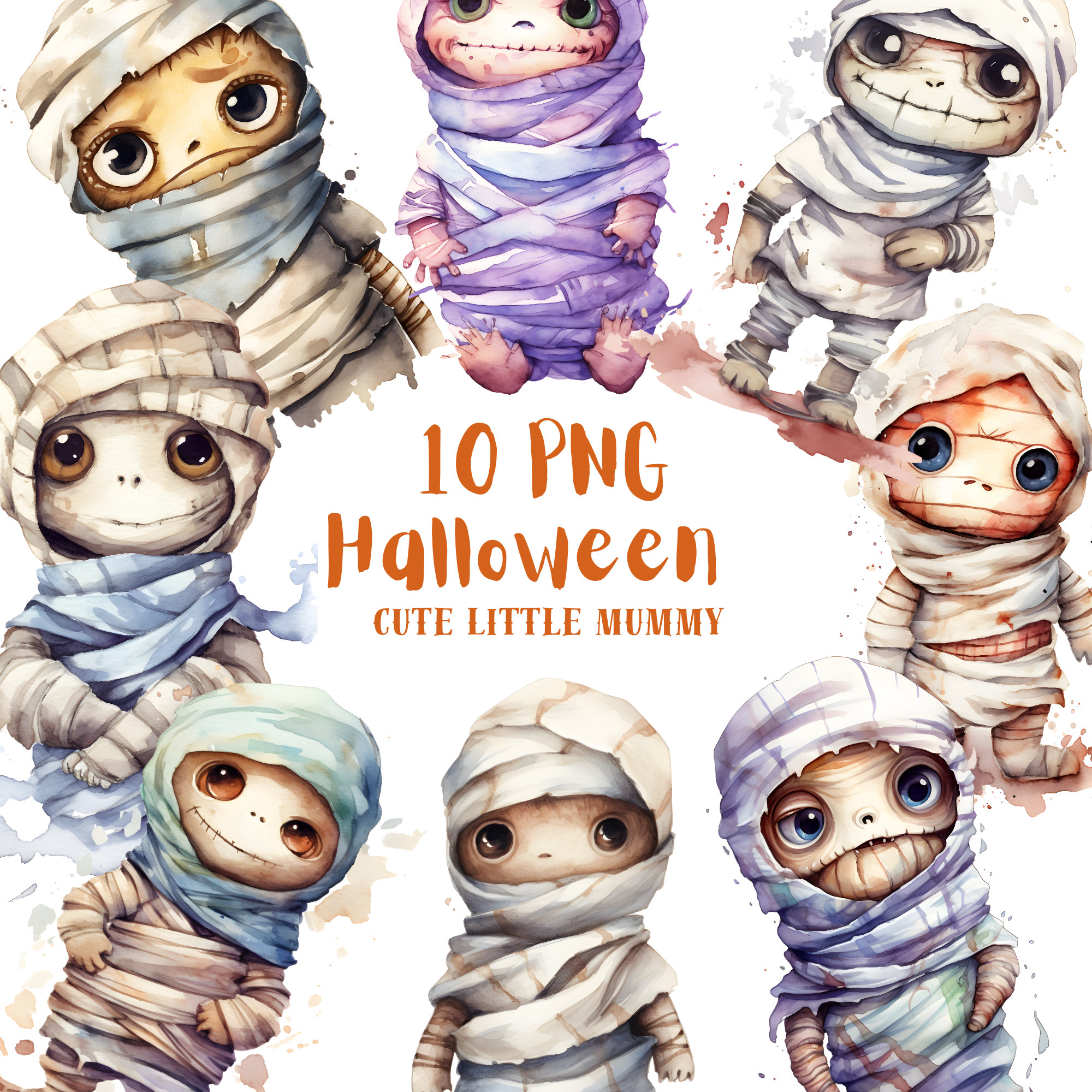 Watercolor Cute Little Mummy PNG, Halloween Clipart, Digital Stickers ...