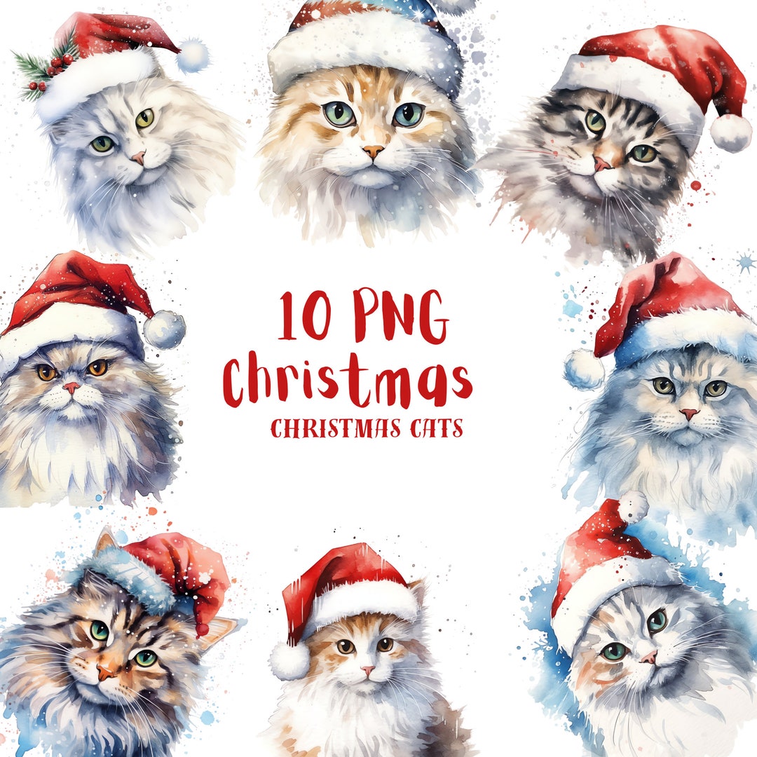 Watercolor Christmas Cat Clipart⎥clipart Cute Cat⎥digital Stickers ...