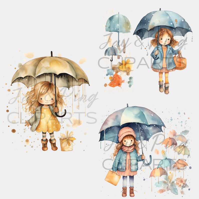 Watercolor Cute Umbrella Girl Clipart⎥clipart Autumn⎥umbrella Png⎥cozy ...