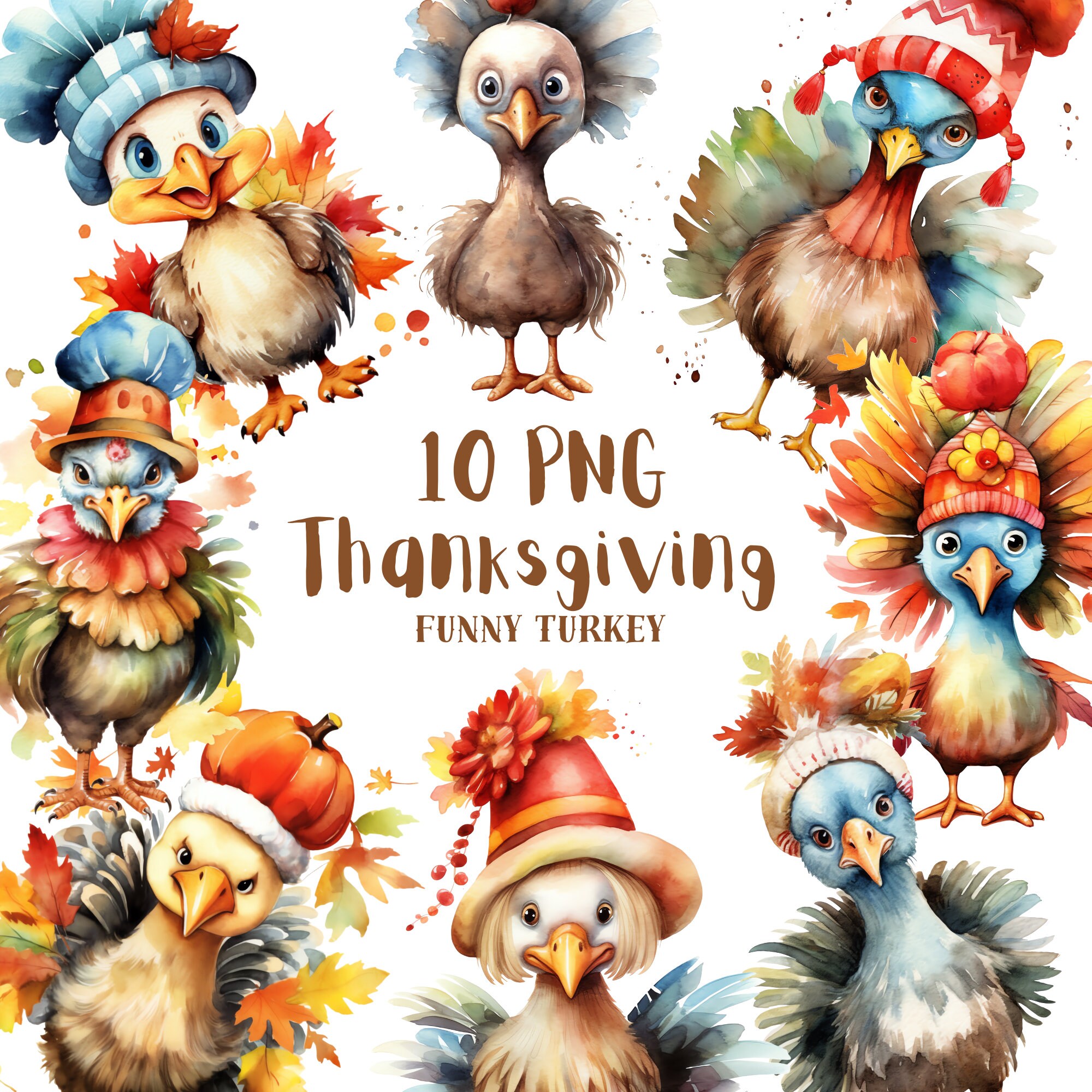 Watercolor Funny Turkey Pngthanksgiving Clipartdigital - Etsy