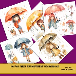 Watercolor Cute Umbrella Girl Clipart⎥clipart Autumn⎥umbrella Png⎥cozy ...