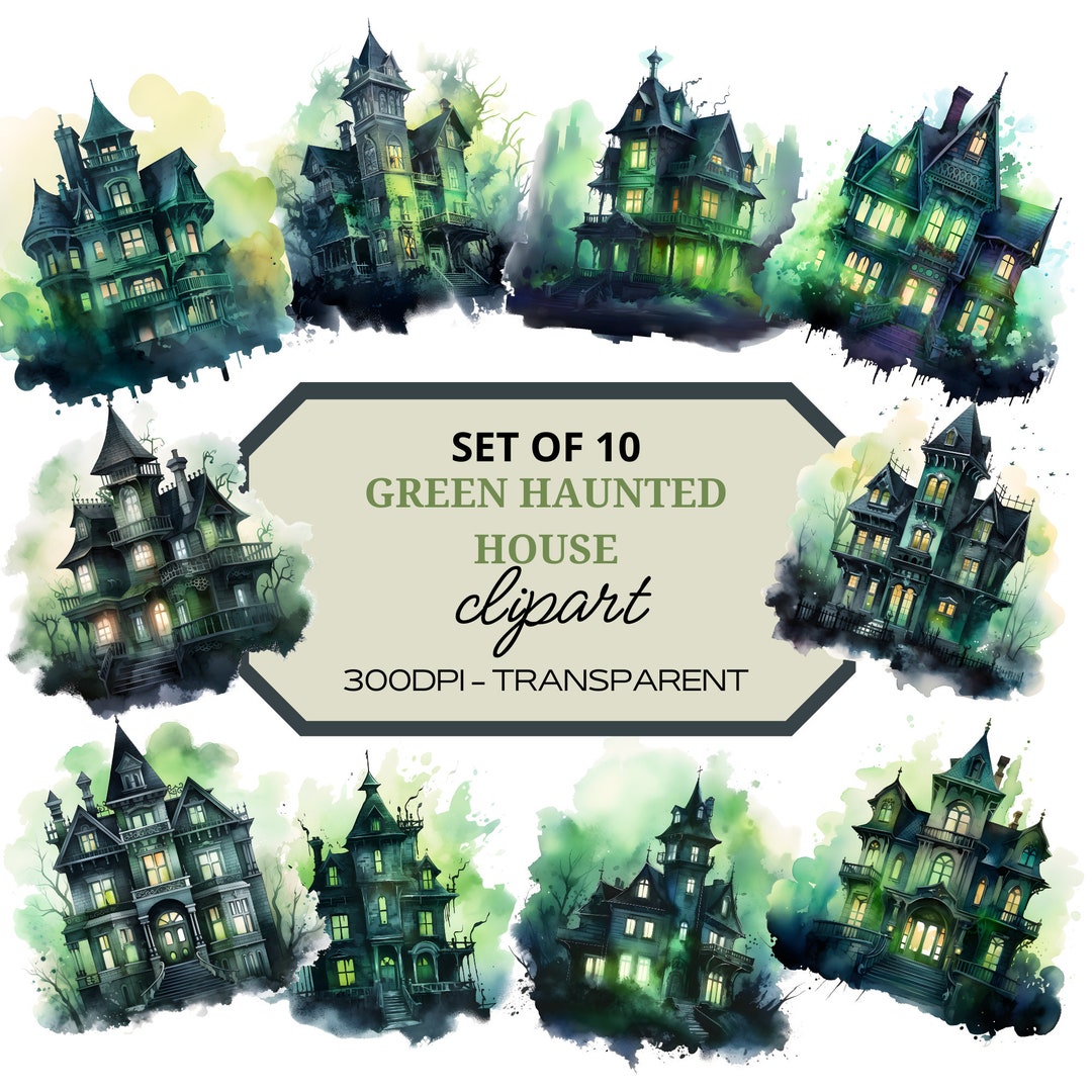 Haunted House Clipart⎥watercolor Clip Art Bundle⎥halloween Png⎥green ...