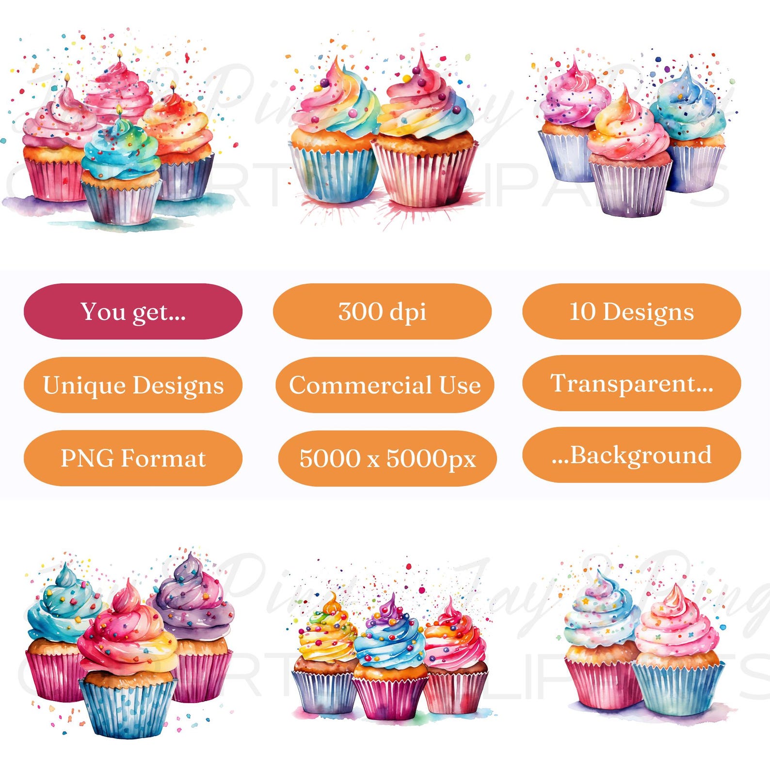 Rainbow Cupcake Clipart⎥watercolor Clipart Bundle⎥birthday Png⎥digital ...
