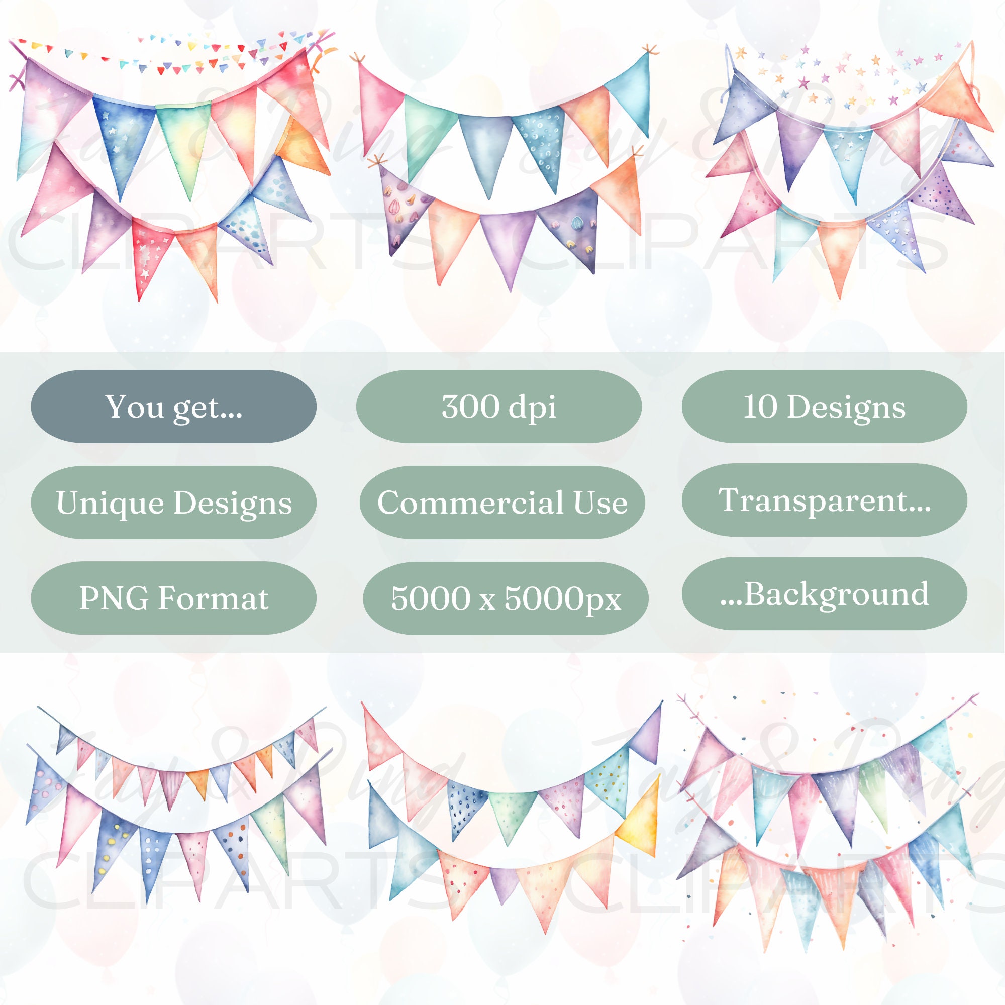 Watercolor Bunting Flags⎥watercolor Birthday Clipart⎥digital Stickers ...