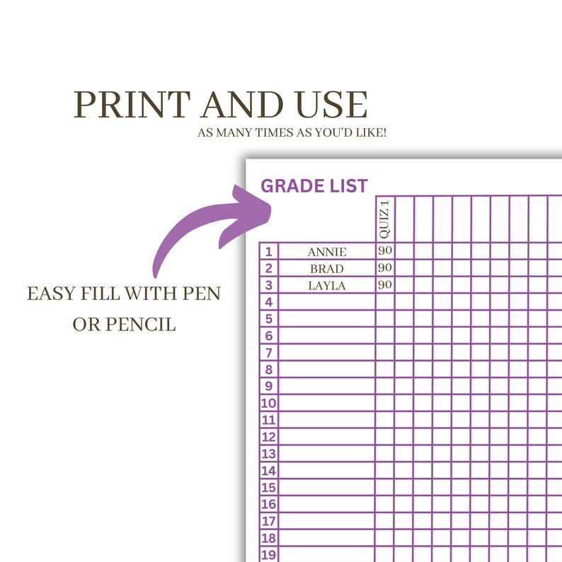 Printable Class Record and Checklist, Grade Sheet, Grade Record,class ...