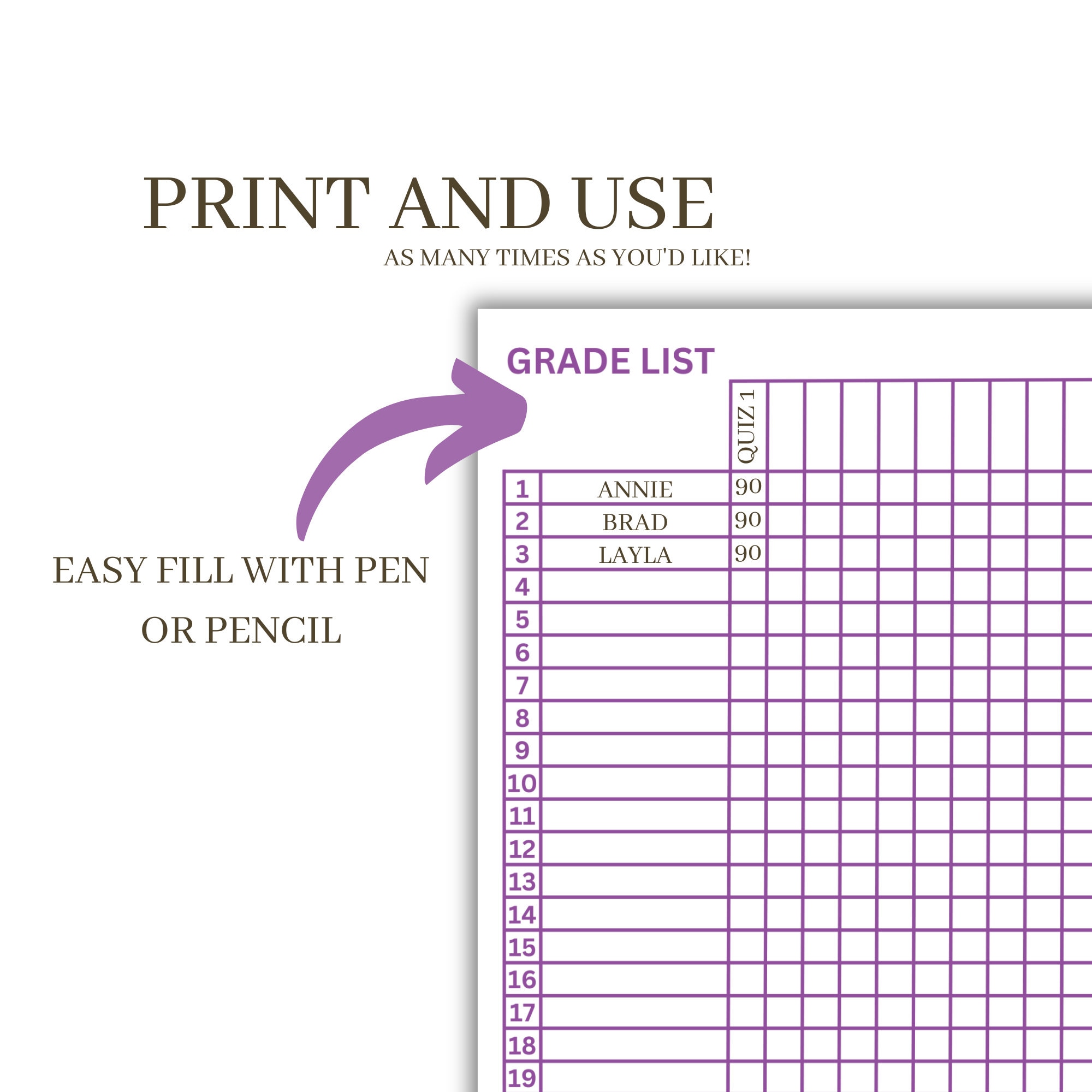 Printable Class Record And Checklist Grade Sheet Grade Record Class