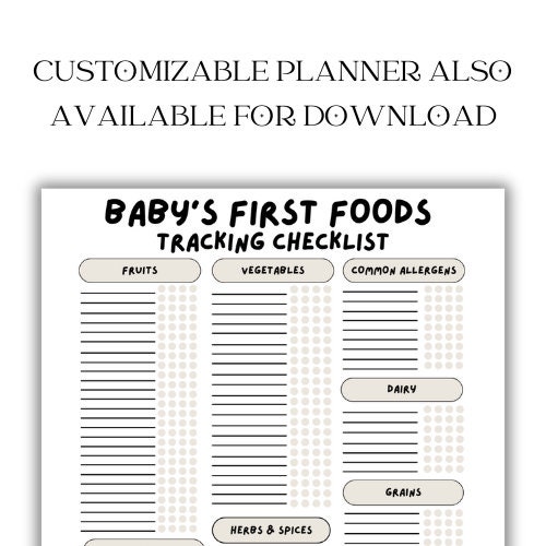 Baby Food Tracker Printable, Baby's First Food Checklist, Baby Food Log ...