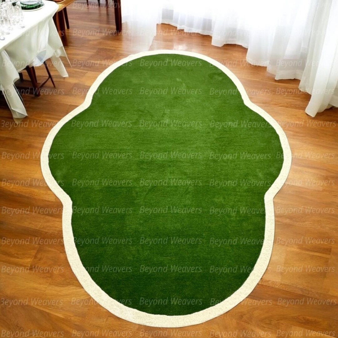 Scallop Pattern Green Color Tufted Rug, Wool Handmade Area Rug for ...