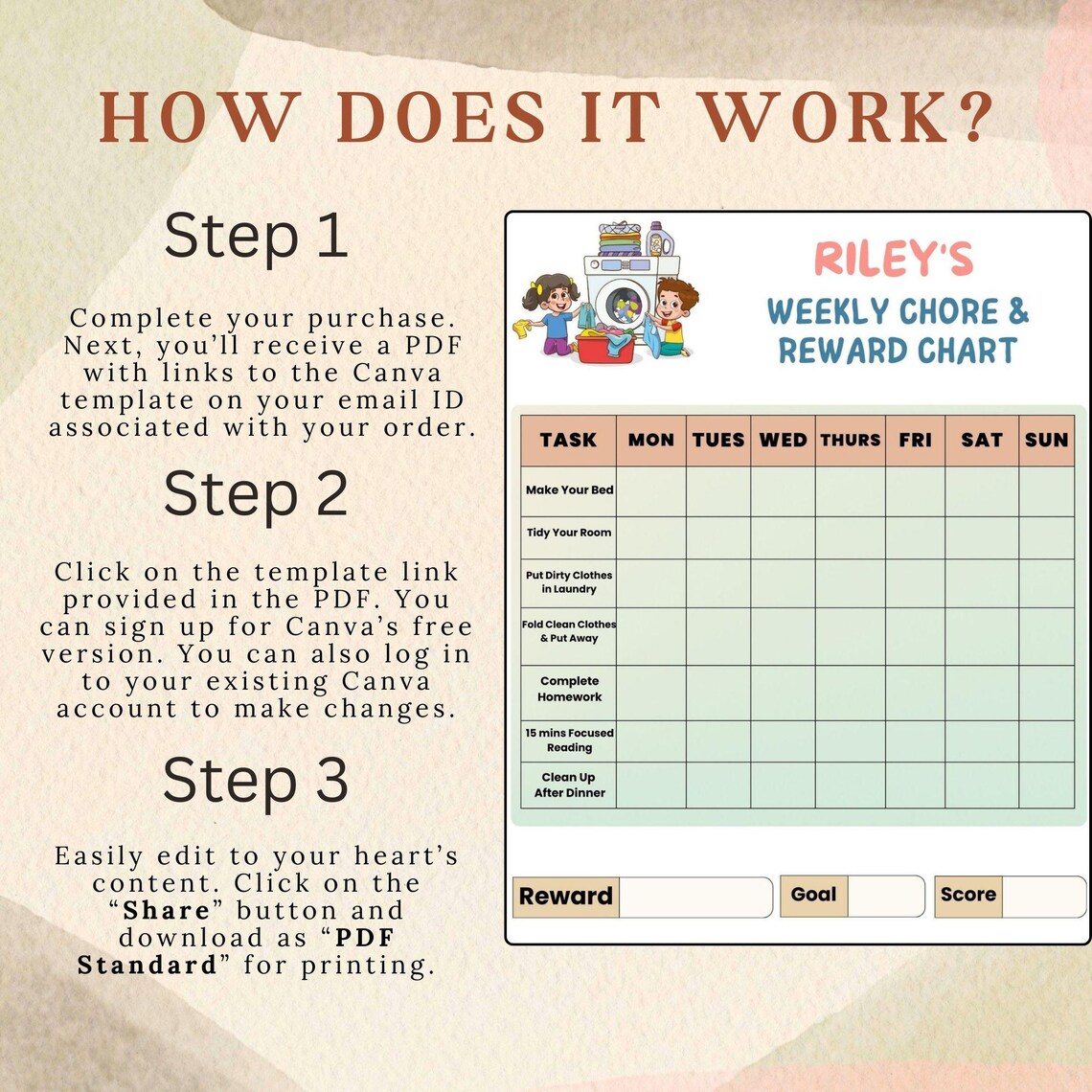 Weekly Chore Chart, Responsibility Chart for Kids Printable, Reward ...