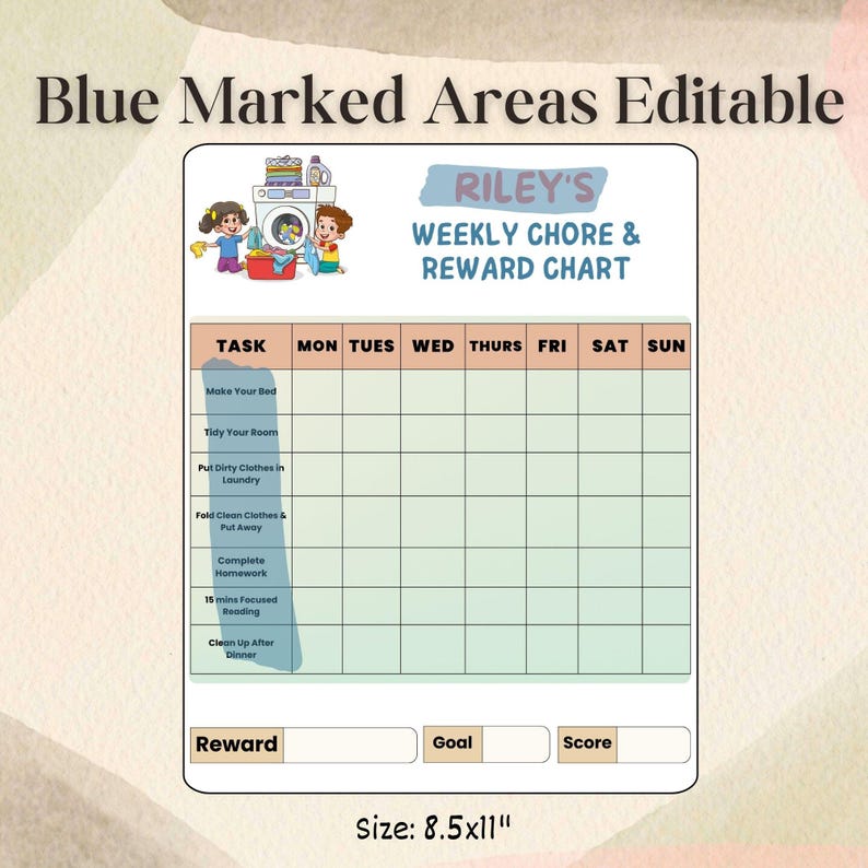 Weekly Chore Chart, Responsibility Chart for Kids Printable, Reward Chart, Custom Chore Chart ...