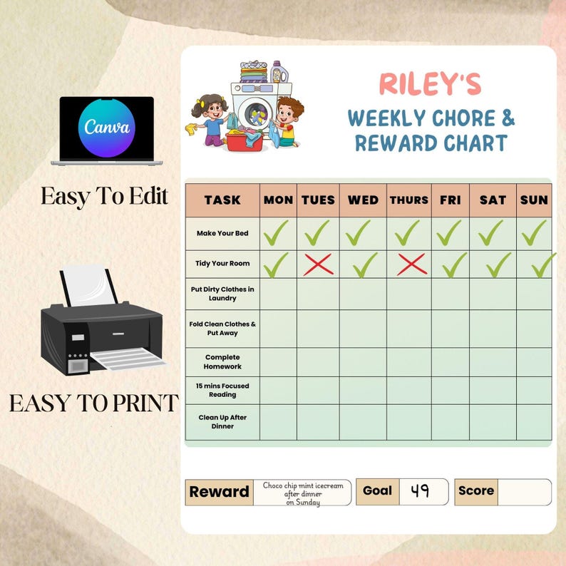 Weekly Chore Chart, Responsibility Chart for Kids Printable, Reward ...