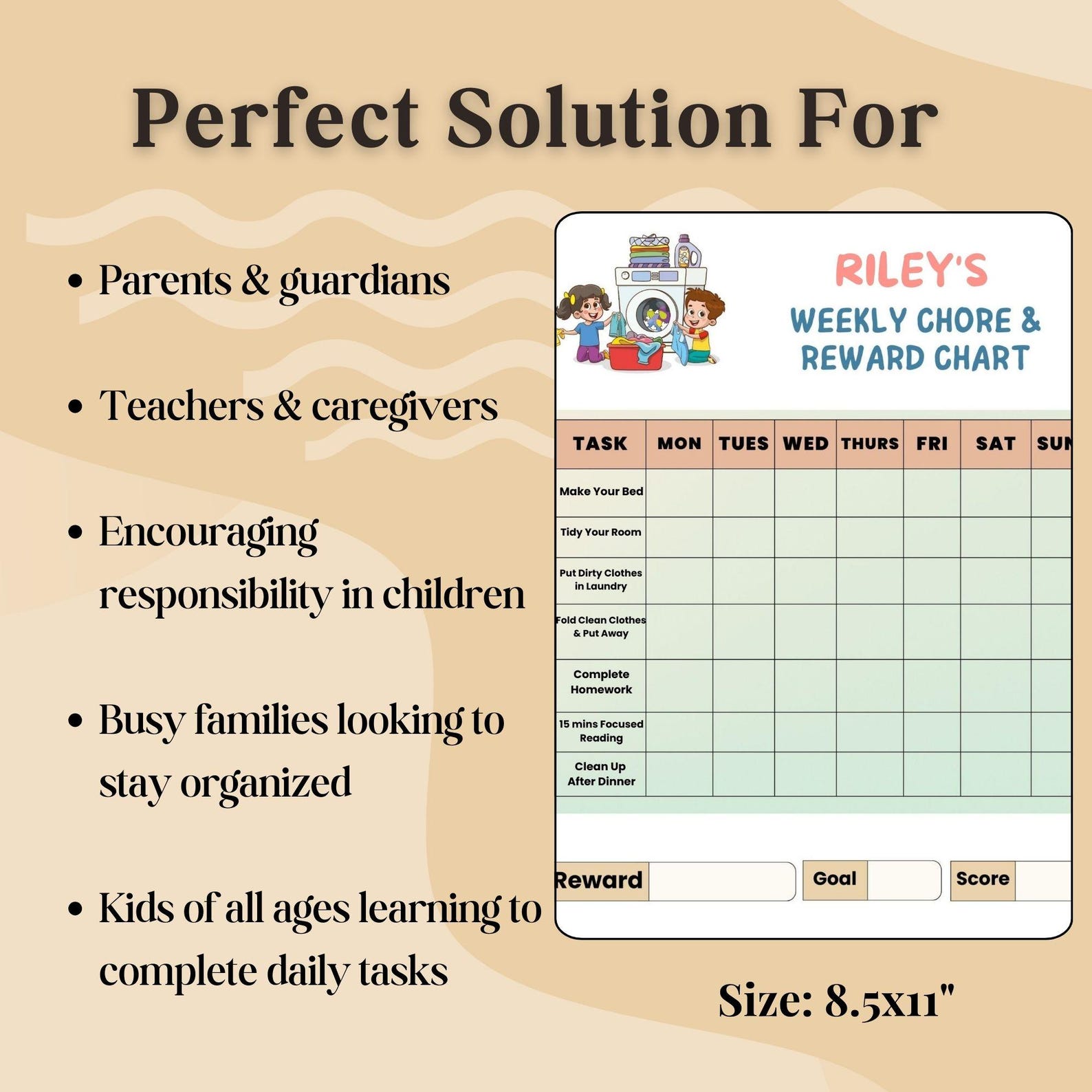 Weekly Chore Chart, Responsibility Chart for Kids Printable, Reward ...