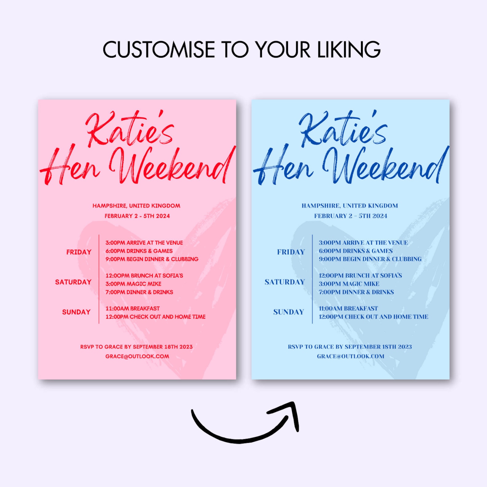 Pink Heart Hen Itinerary Template, Hen Party Template, Bachelorette ...