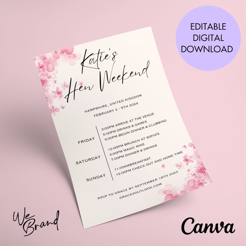 Flower Classic Hen Itinerary Template, Hen Party Template, Bachelorette ...