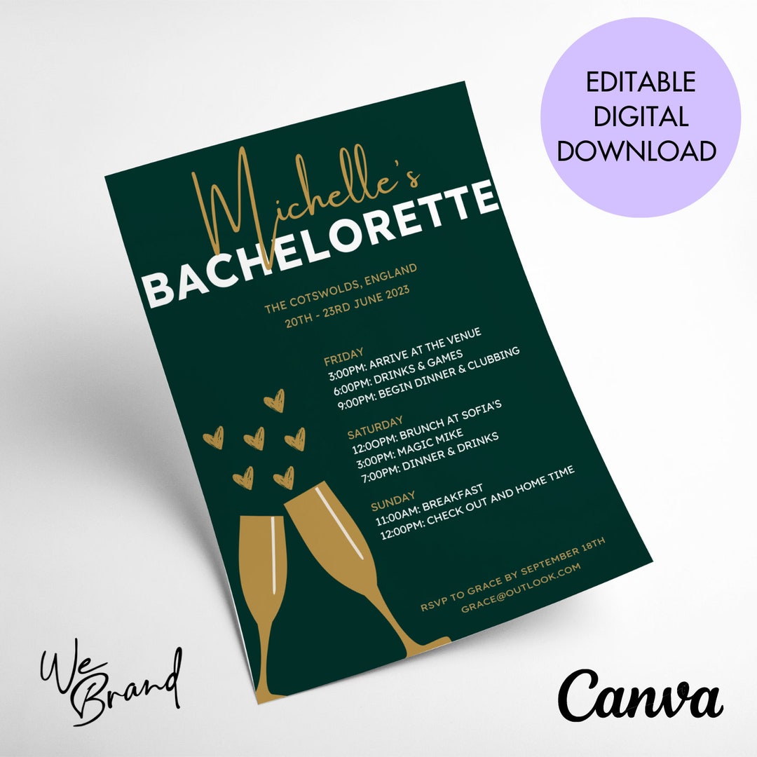 Champagne Hearts Hen Itinerary Template, Hen Party Template ...