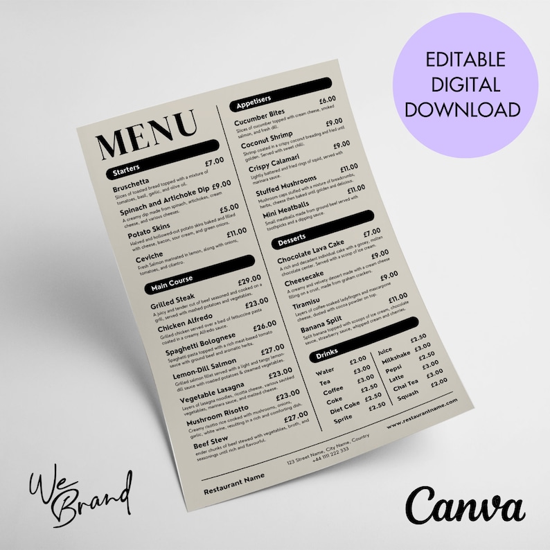 Restaurant Food Menu, Editable Template Price List, Business Menu ...