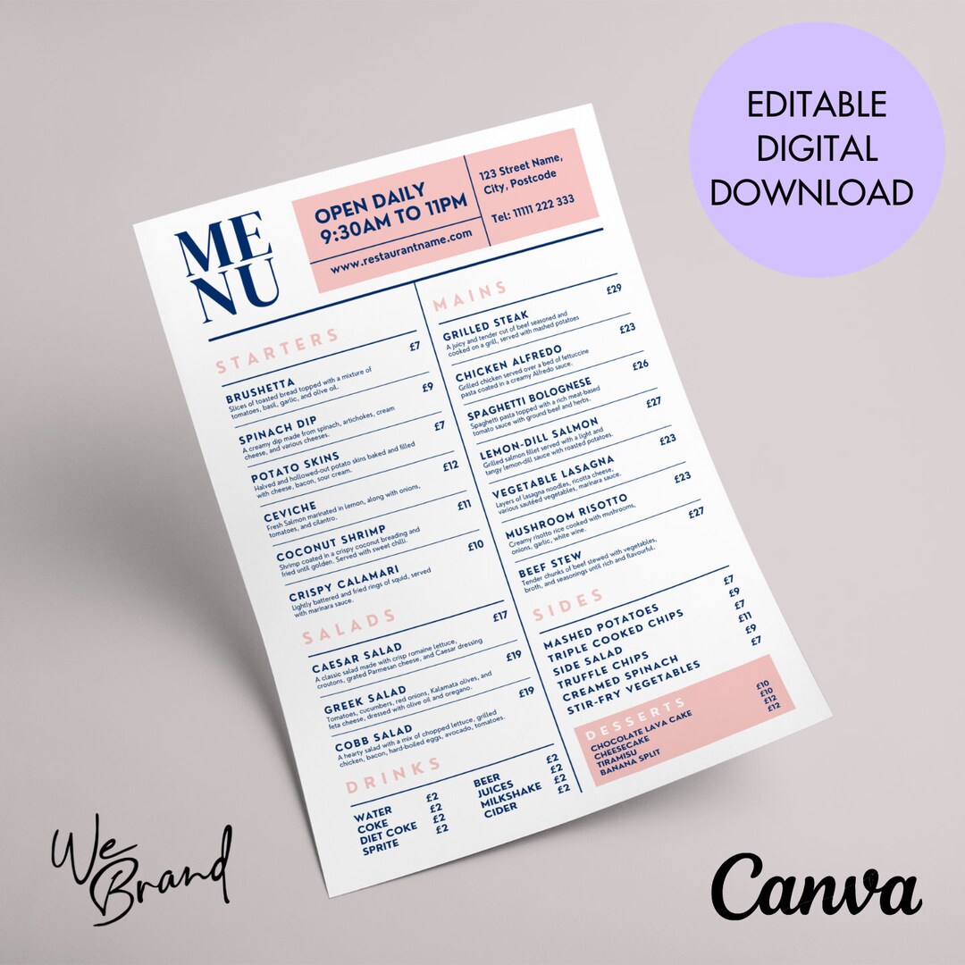 Restaurant Food Menu, Editable Template Price List, Business Menu ...