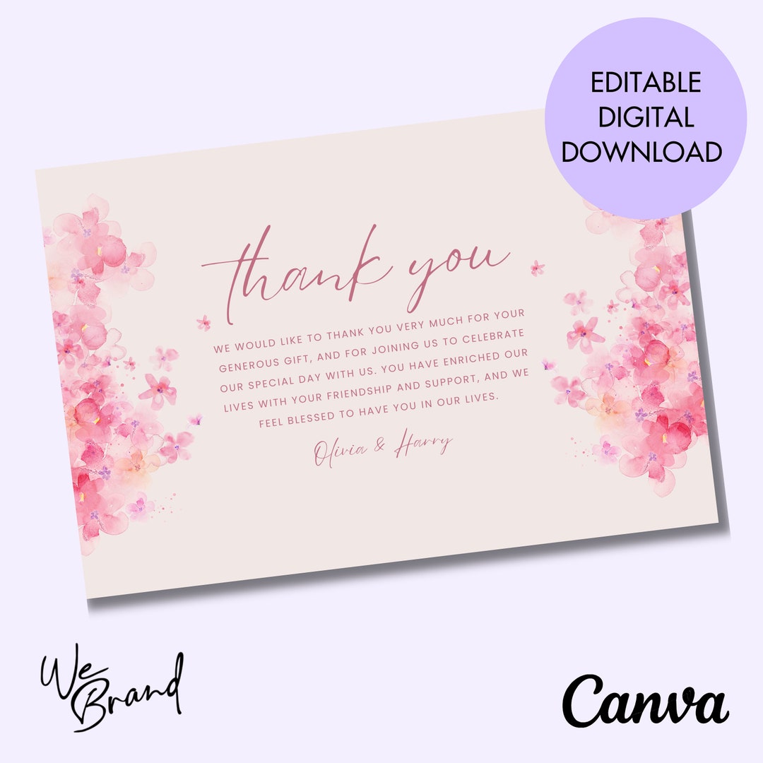 Flowery Thank You Card, Editable Canva Template, Customisable Card ...