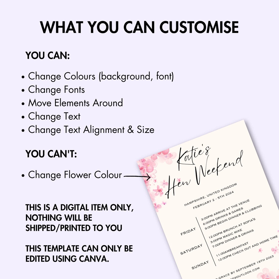 Flower Classic Hen Itinerary Template, Hen Party Template, Bachelorette ...