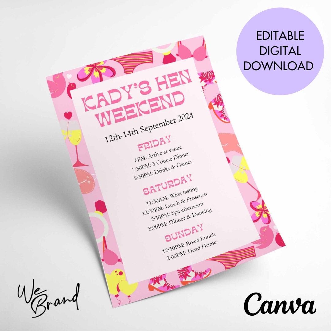 Fun Hen Itinerary Template, Hen Party Template, Bachelorette Itinerary ...