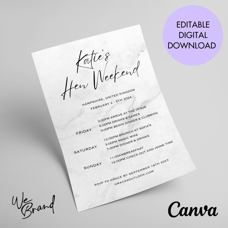 Marble Simple Hen Itinerary Template, Hen Party Template, Bachelorette ...