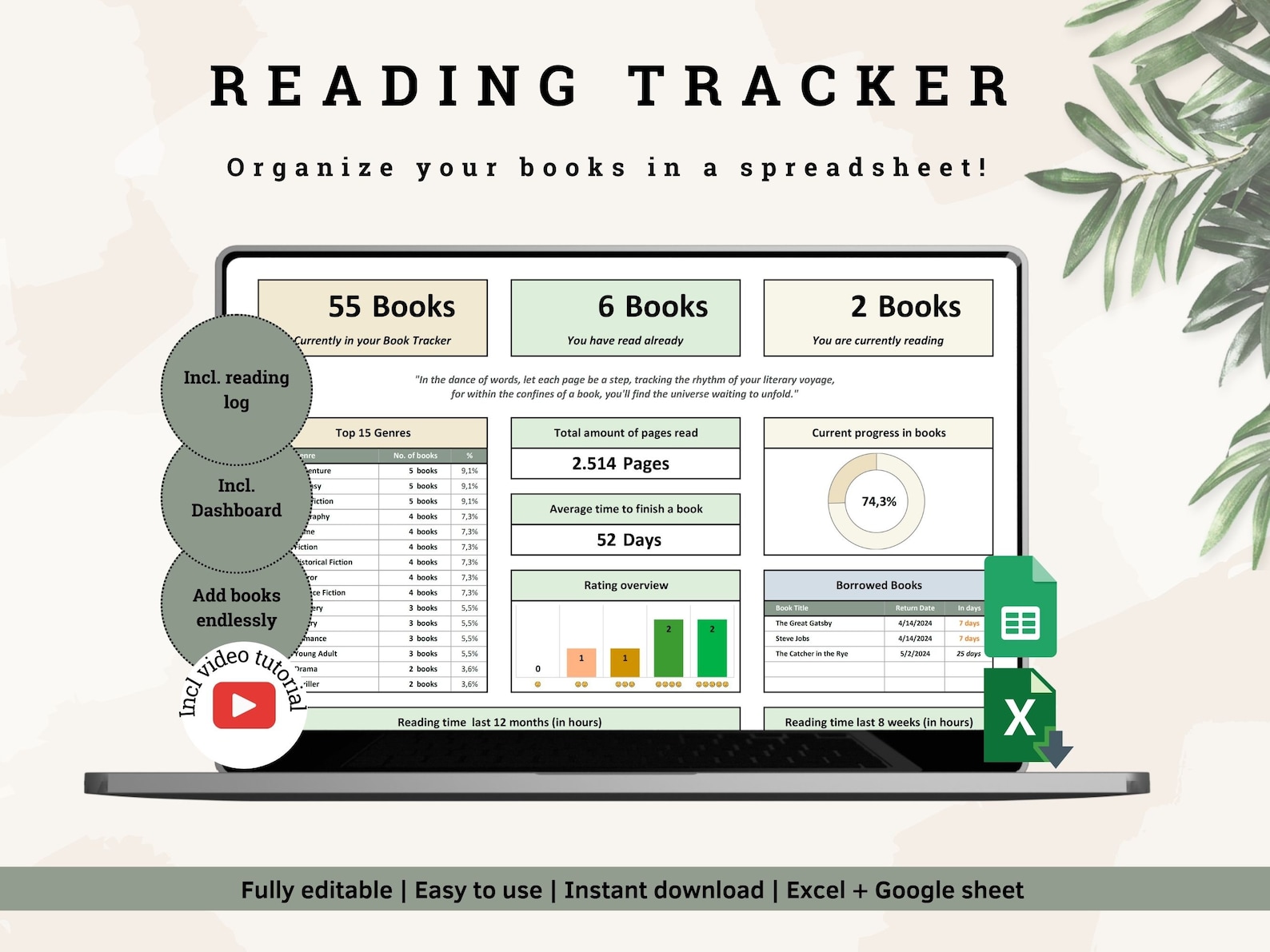 Book Tracker | Reading Tracker | Organize Your Digital Bookcase | Excel ...