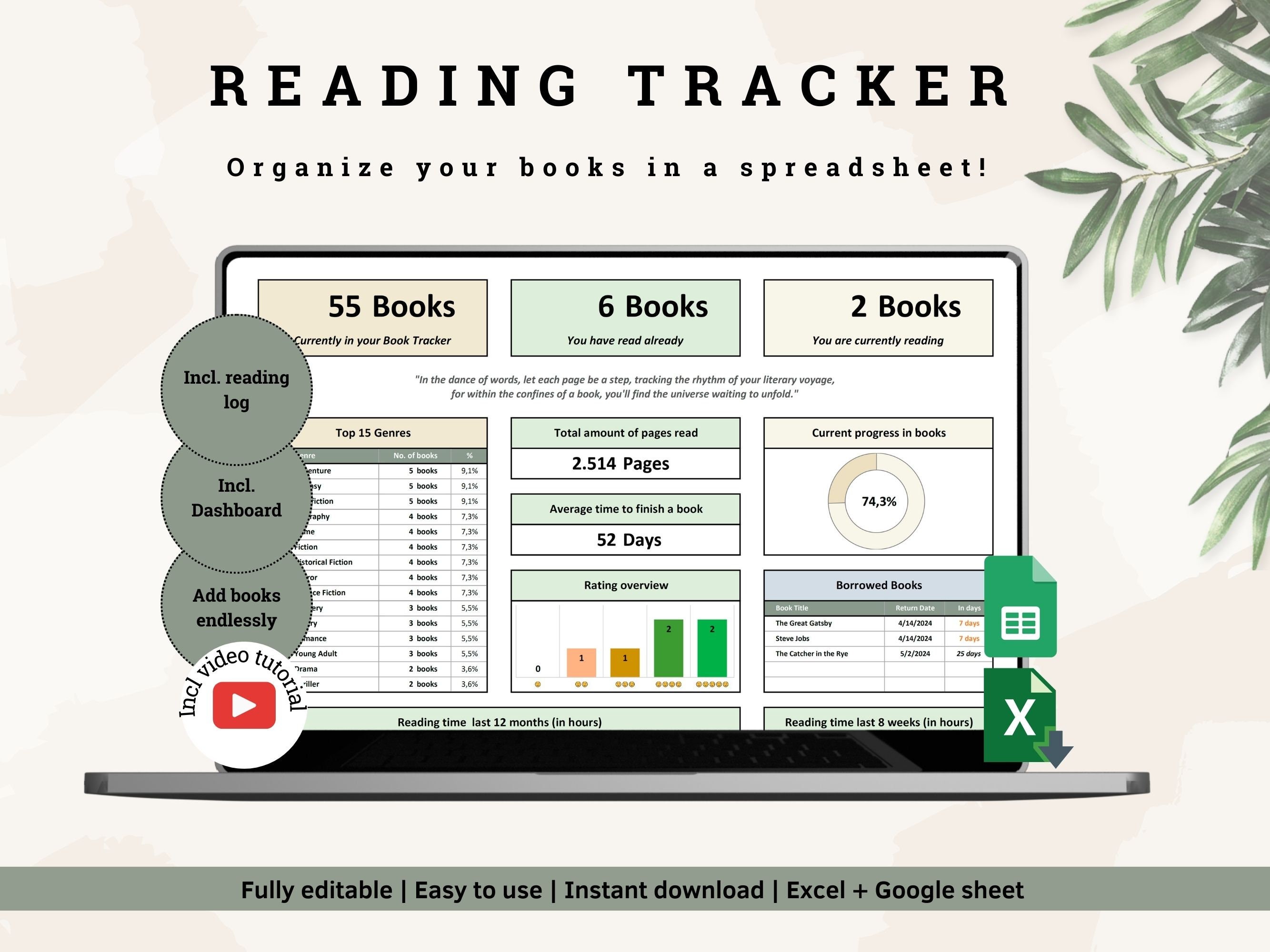 Book Tracker | Reading Tracker | Organize Your Digital Bookcase | Excel ...