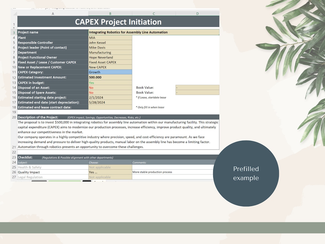 CAPEX Submission Form: Project Initiation Excel Template - Etsy