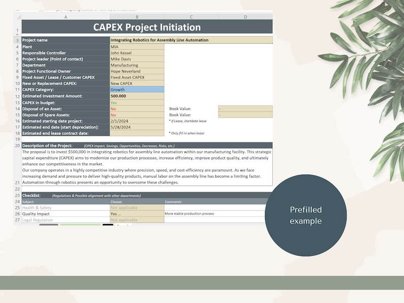 CAPEX Submission Form: Project Initiation Excel Template - Etsy