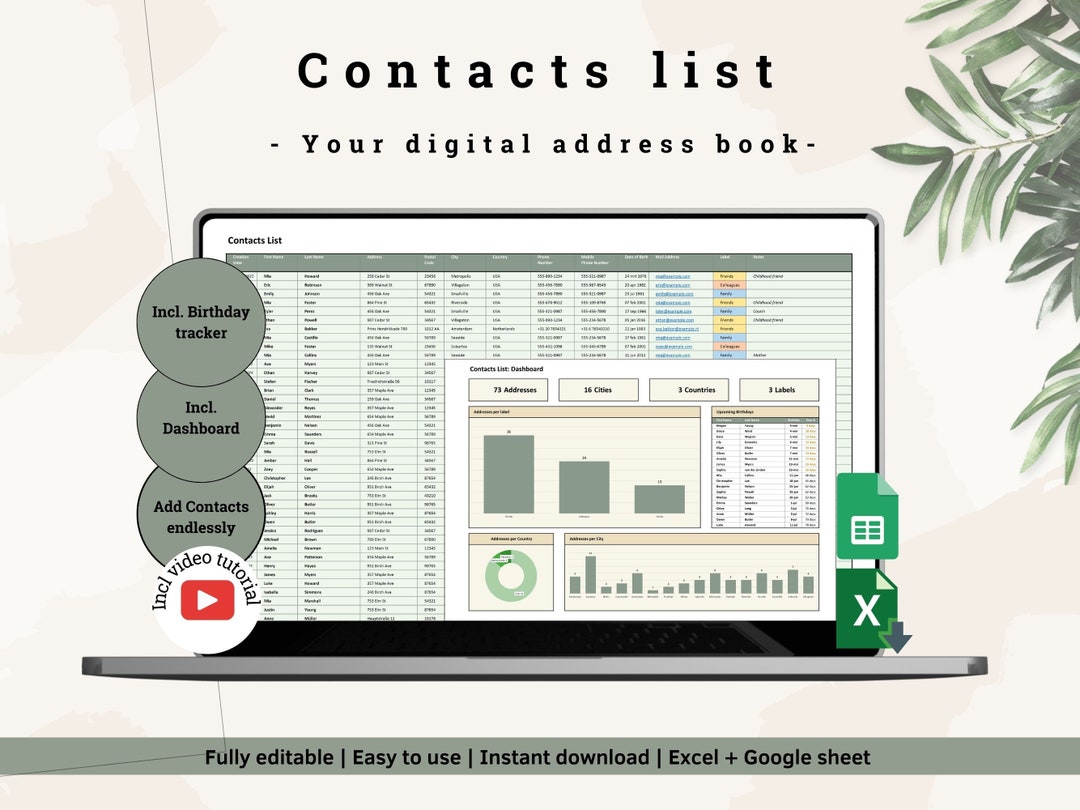 Digital Contacts List: Birthday Tracker, Excel & Google Sheets - Etsy