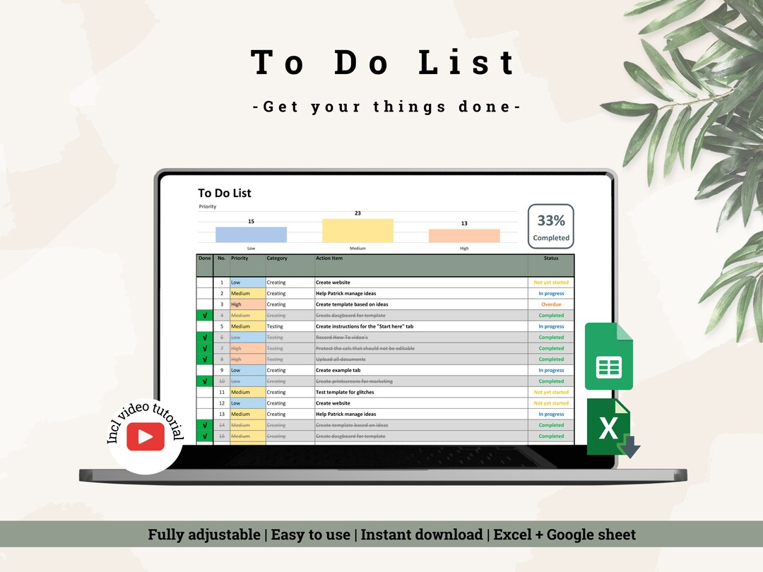 To Do List Easy to Use Task Tracker Task List Action List Excel ...