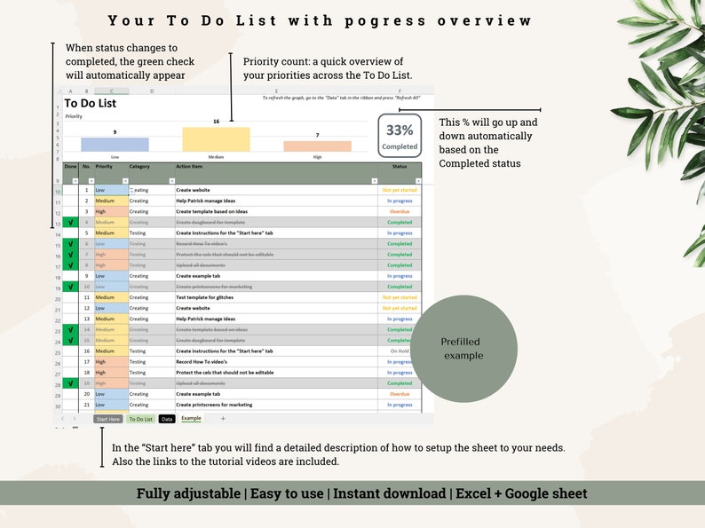 To Do List Template: Task Tracker in Excel & Google Sheets (digital ...