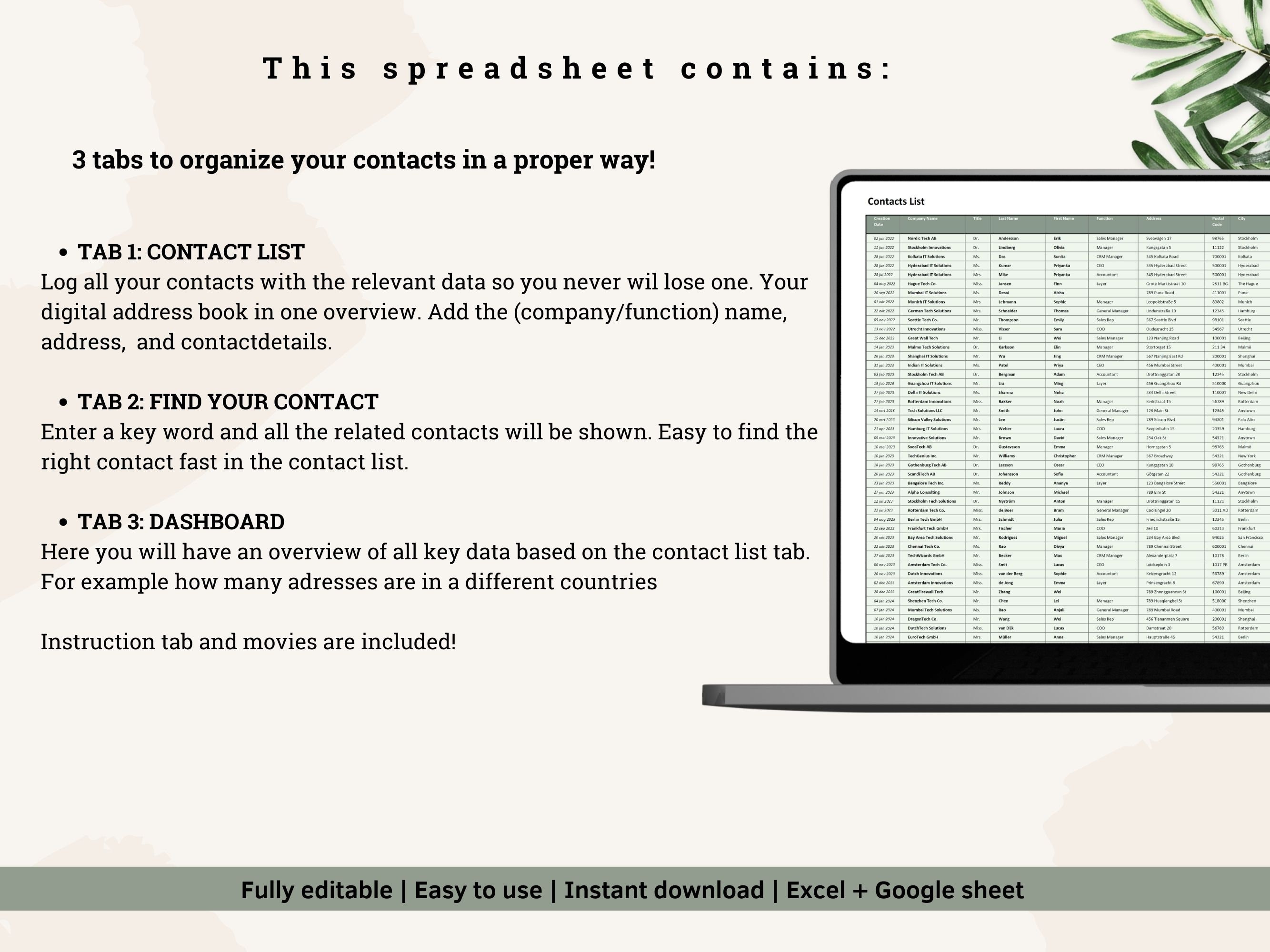 Business Contact List, Digital Address Book, Excel & Google Spreadsheet ...