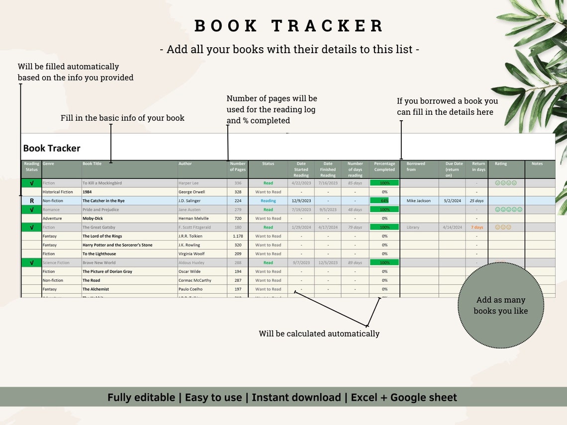 Book Tracker | Reading Tracker | Organize Your Digital Bookcase | Excel ...