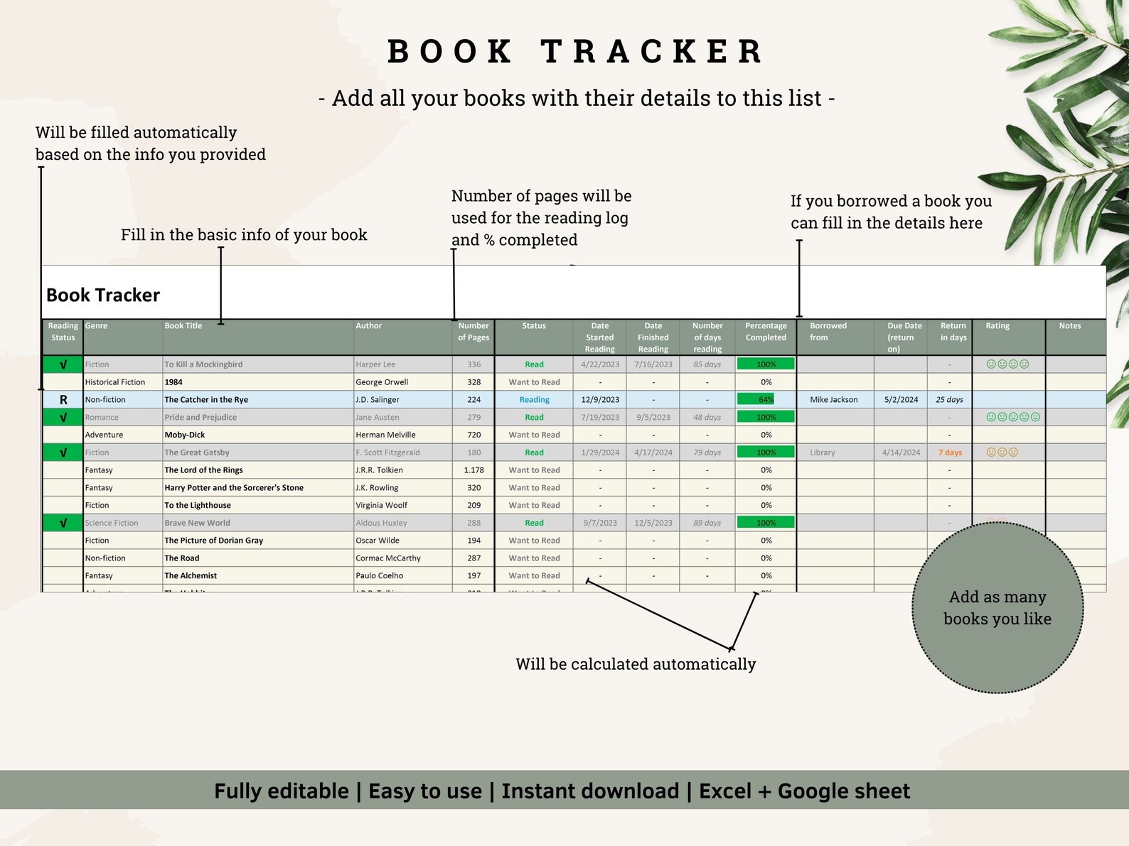 Book Tracker Reading Tracker Organize Your Digital Bookcase Excel ...