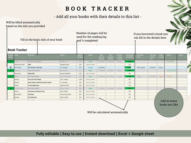 Book Tracker | Reading Tracker | Organize Your Digital Bookcase | Excel + Google Spreadsheet ...