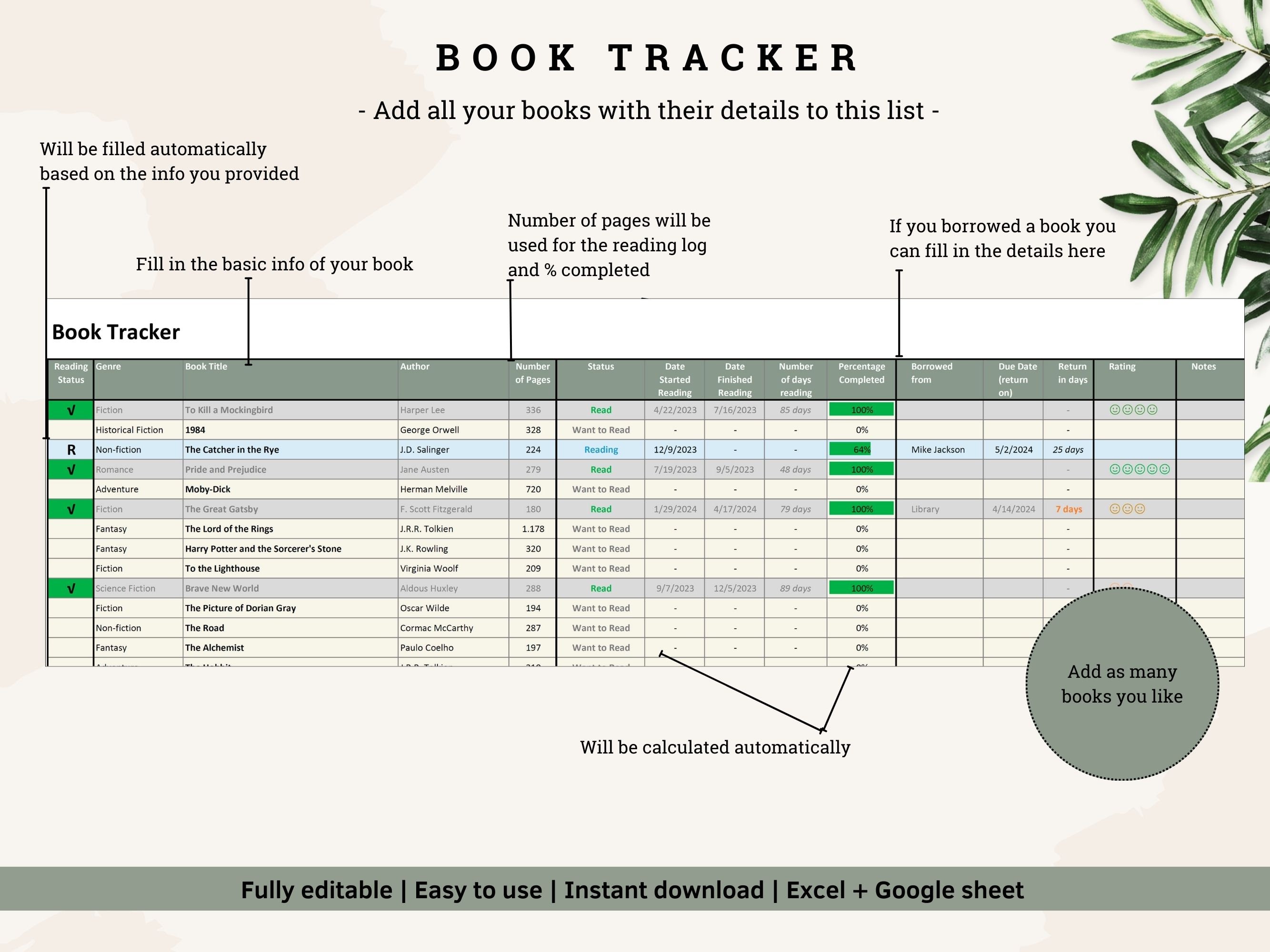 Book Tracker | Reading Tracker | Organize Your Digital Bookcase | Excel ...