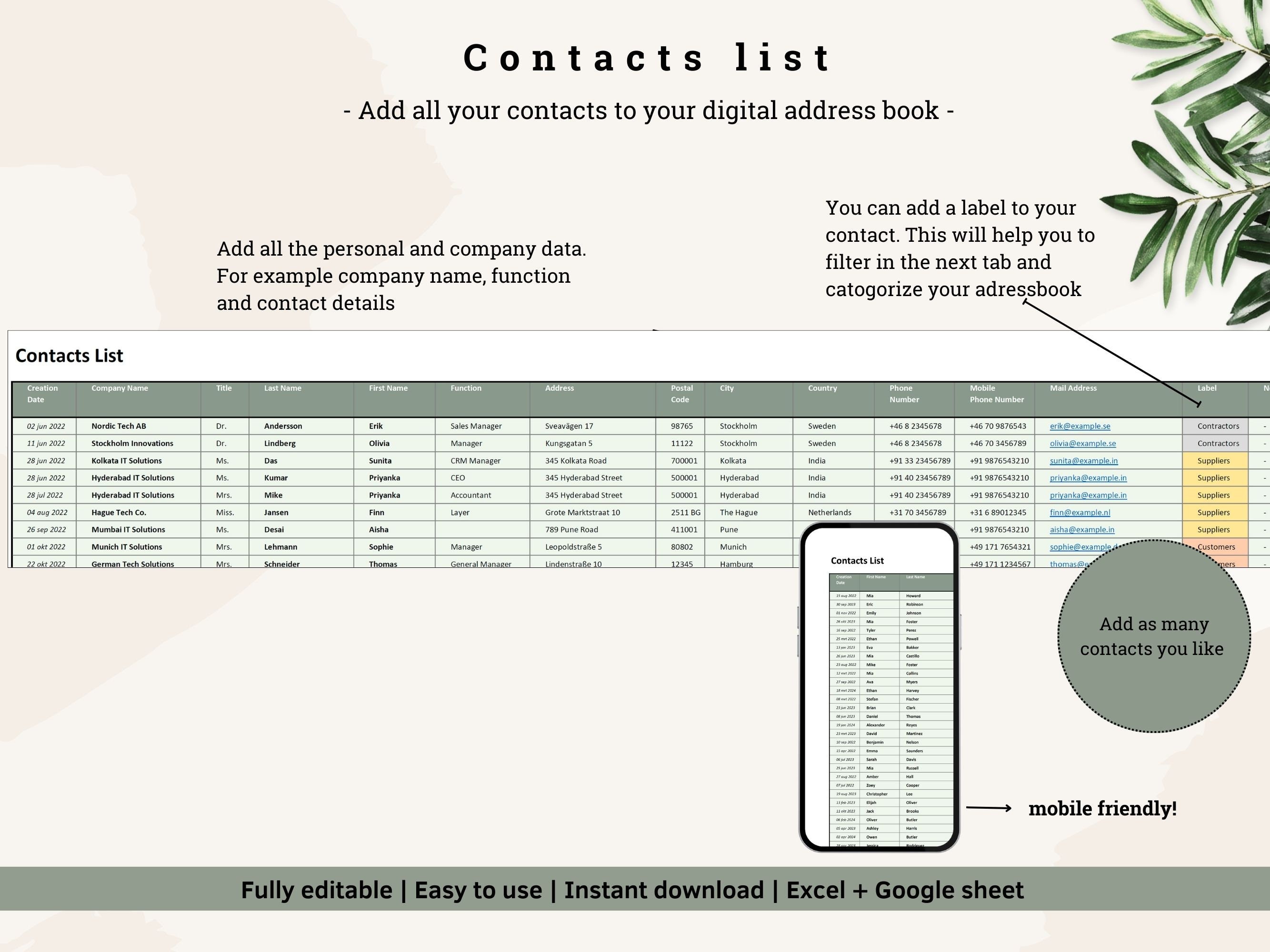 Business Contact List, Digital Address Book, Excel & Google Spreadsheet ...