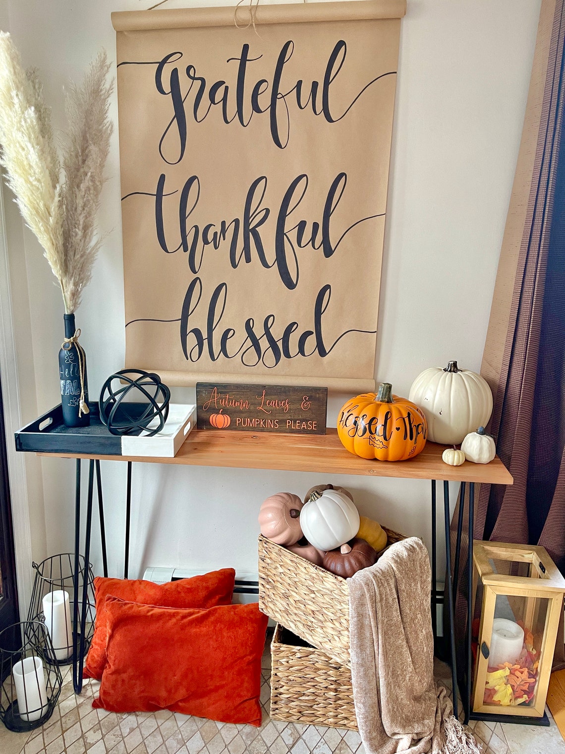 Grateful, Thankful, Blessed Paper Scroll, Thanksgiving Wall Sign ...